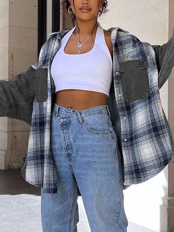 Emmiol Free shipping 2025 Patchwork Checkered Denim Jacket Black M in ...