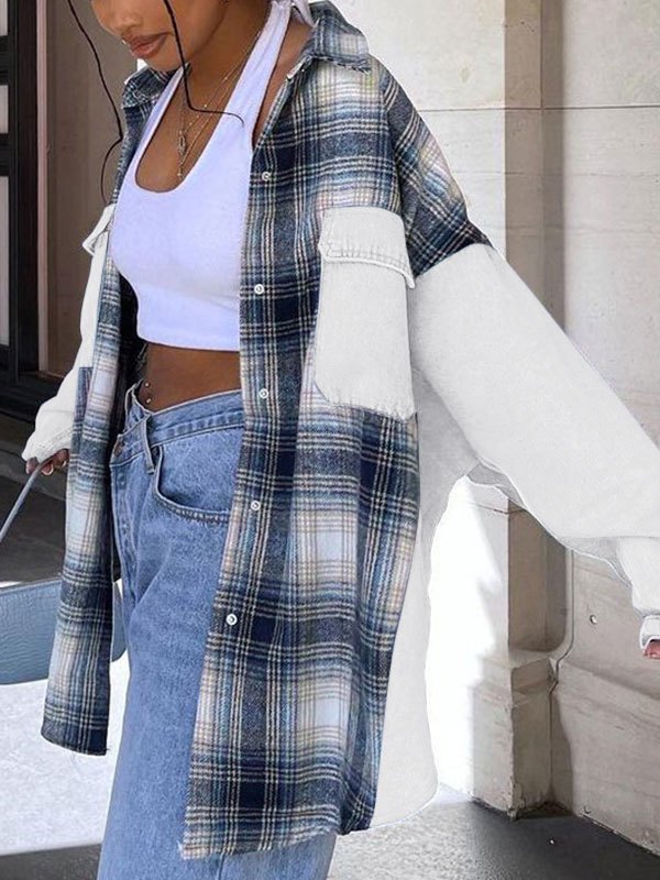 2022 Patchwork Checkered Denim Jacket White L In Jackets & Coats Online ...