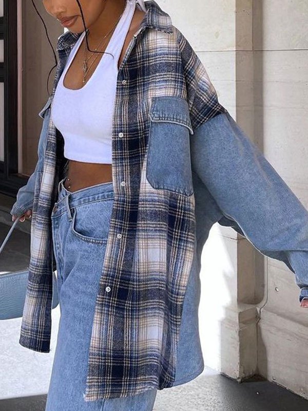 2022 Patchwork Checkered Denim Jacket Blue M In Jackets & Coats Online ...