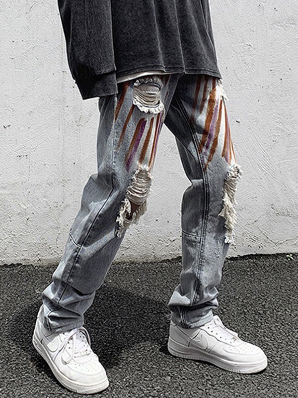 Emmiol Free shipping 2025 Men's Splash Print Ripped Jeans Blue M in ...