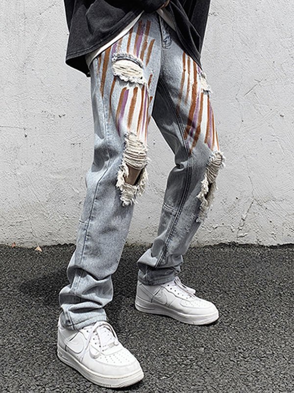 Emmiol Free shipping 2025 Men's Splash Print Ripped Jeans Blue M in ...