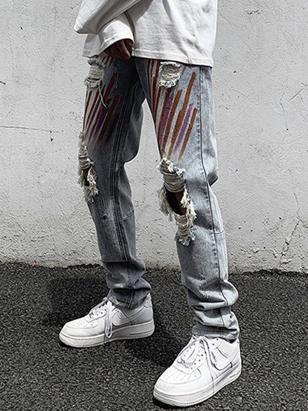 Emmiol Free shipping 2025 Men's Splash Print Ripped Jeans Blue M in ...