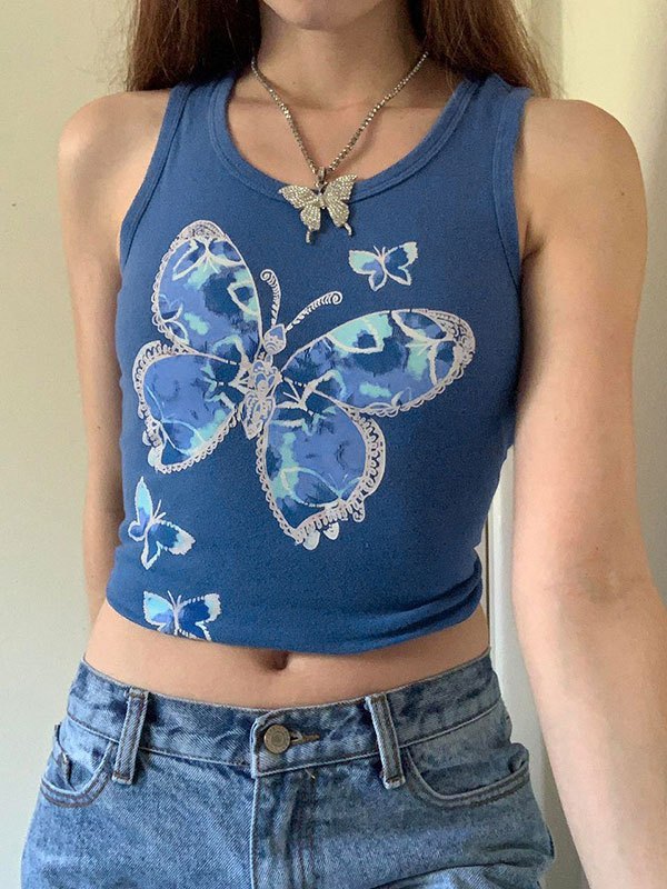 Emmiol Free shipping 2026 Butterfly Print Crop Tank Top Blue S in Tank ...