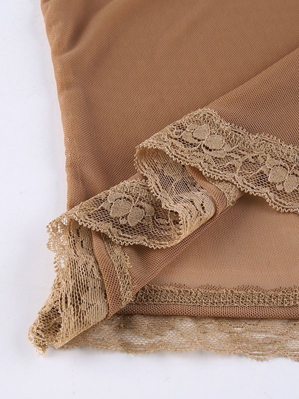 Emmiol Free shipping 2025 Lace Trim Sheer Mesh Crop Cami Top Khaki S in ...