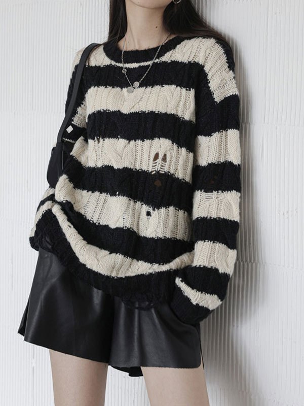 2022 Distressed Striped Crochet Knit Sweater Black ONE SIZE In Sweaters ...