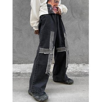 Emmiol Free shipping 2026 Washed Patchwork Boyfriend Jeans Black XL in ...