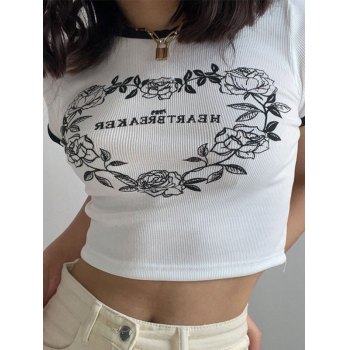Emmiol Free shipping 2025 Knitted Floral Ringer Crop Top White L in ...