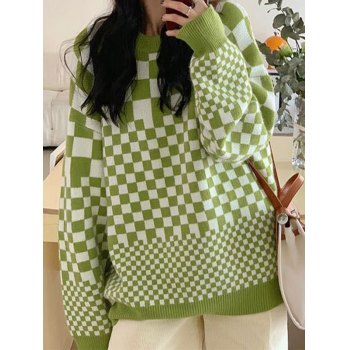 Emmiol Free shipping 2026 Checkered Pattern Knit Sweater Green ONE SIZE ...