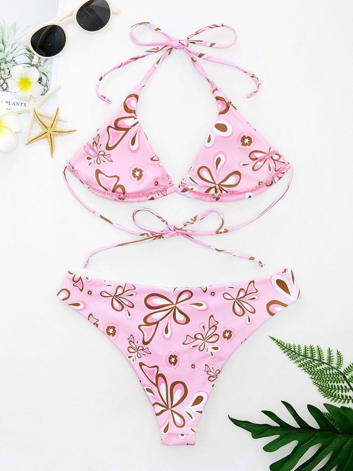 2023 Floral Print Halter Bikini Set Pink L In Bikini Sets Online Store