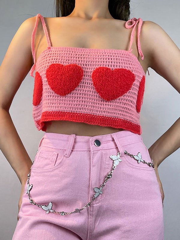 Emmiol Free shipping 2026 Fuzzy Heart Crochet Knit Crop Cami Top Pink M ...