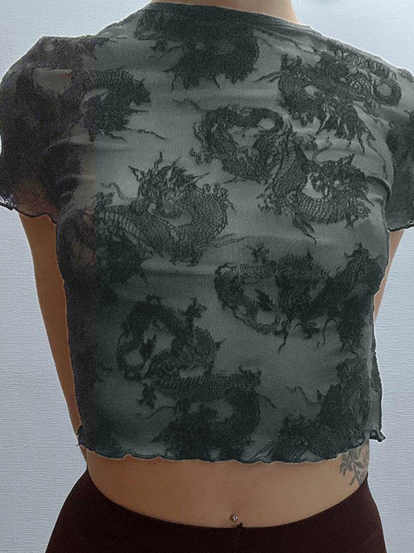 Emmiol Free shipping 2026 Mesh Dragon Pattern Crop Top Black S in Short ...