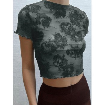 Emmiol Free shipping 2026 Mesh Dragon Pattern Crop Top Black M in Short ...