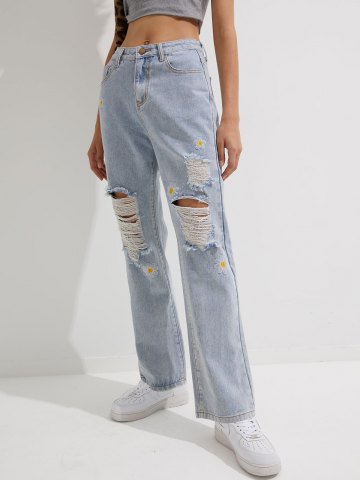 Emmiol Free shipping 2026 Floral Embroidery Ripped Jeans Blue XS in ...