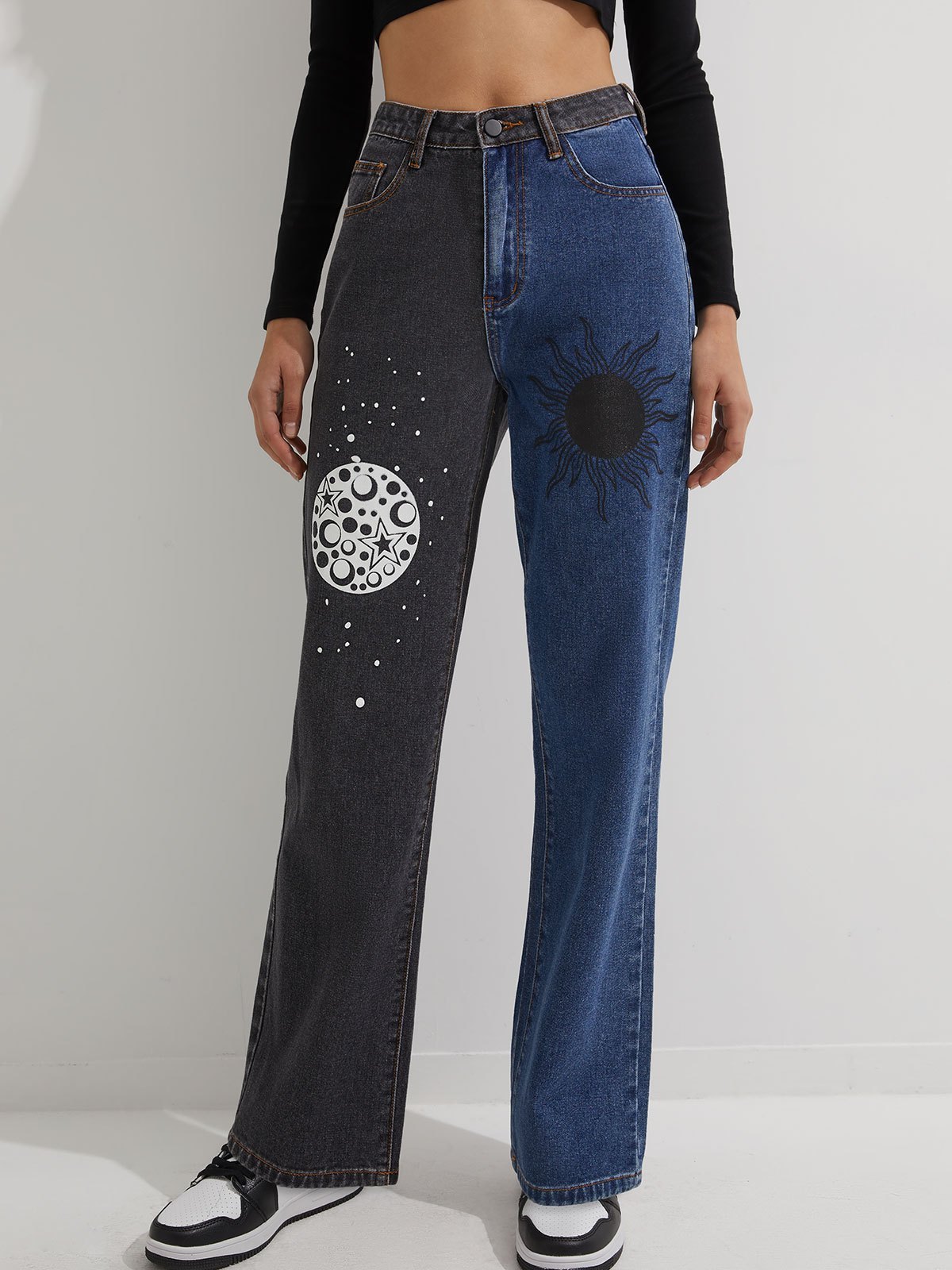 Emmiol Free shipping 2026 Patchwork Sun Moon Print Boyfriend Jeans Blue ...
