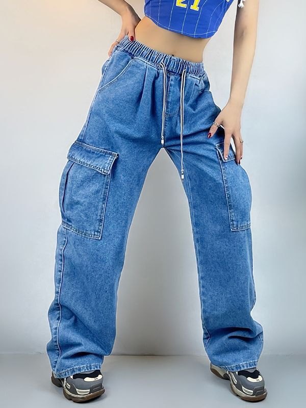 Emmiol Free shipping 2026 Drawstring Waist Pocket Cargo Jeans Blue M in ...