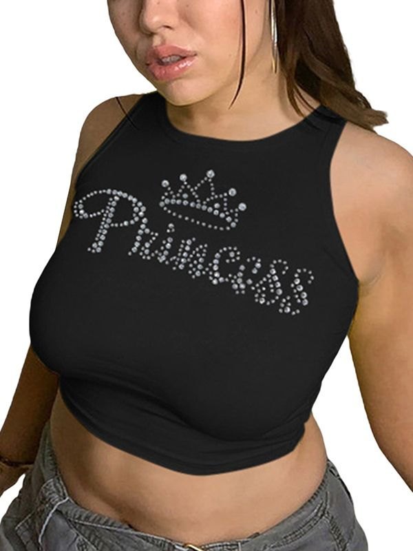 Emmiol Free shipping 2025 Rhinestone Princess Crop Tank Top Black L in ...