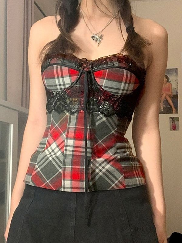 Emmiol Free shipping 2025 Strapless Lace Paneled Checkered Corset Top ...