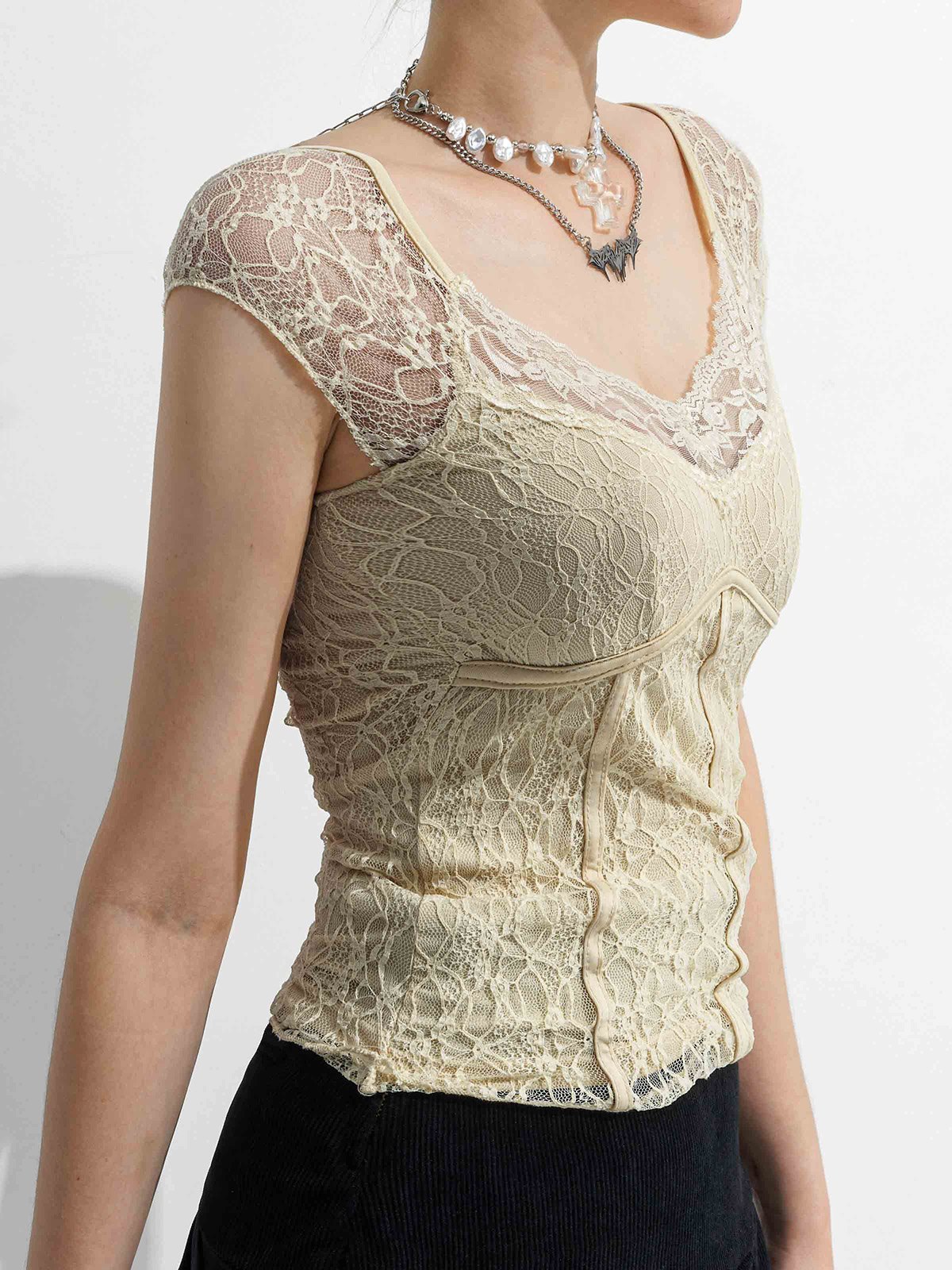 Emmiol Free shipping 2025 Patchwork Lace Crop Blouse Apricot S in ...