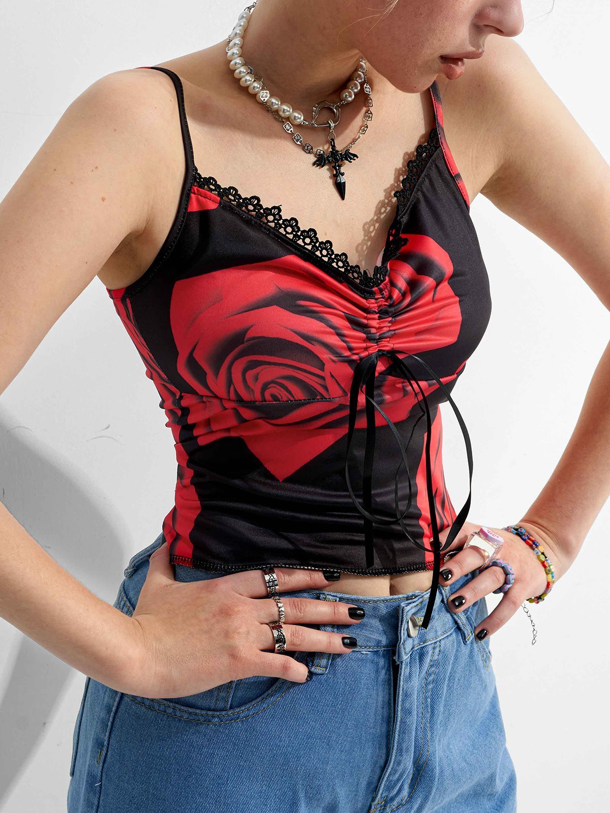 Emmiol Free shipping 2025 Lace Trim Rose Crop Cami Top Red S in Tank ...