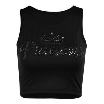 Emmiol Free shipping 2026 Rhinestone Princess Crop Tank Top Black L in ...