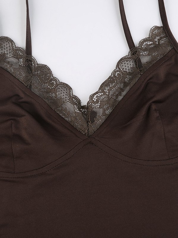 Emmiol Free shipping 2024 Split Lace Paneled Party Mini Dress Brown S ...