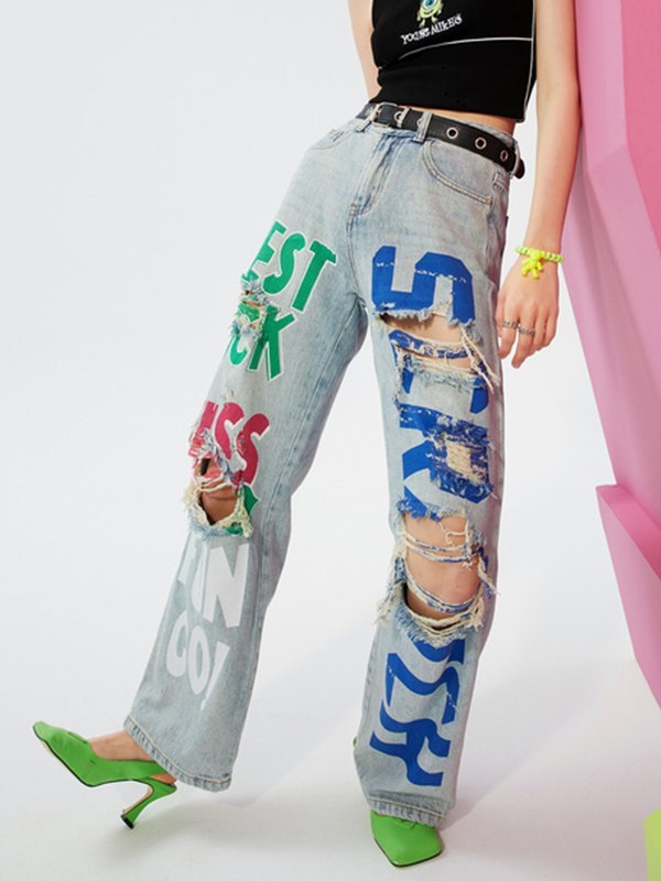Emmiol Free shipping 2026 Letter Pattern Distressed Ripped Jeans Blue S ...