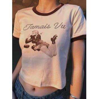 Emmiol Free shipping 2025 Vintage Printed Ringer Crop Top Apricot ONE ...