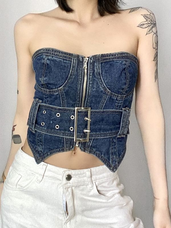 Emmiol Free shipping 2025 Buckle Belted Denim Bandeau Top Blue S in ...