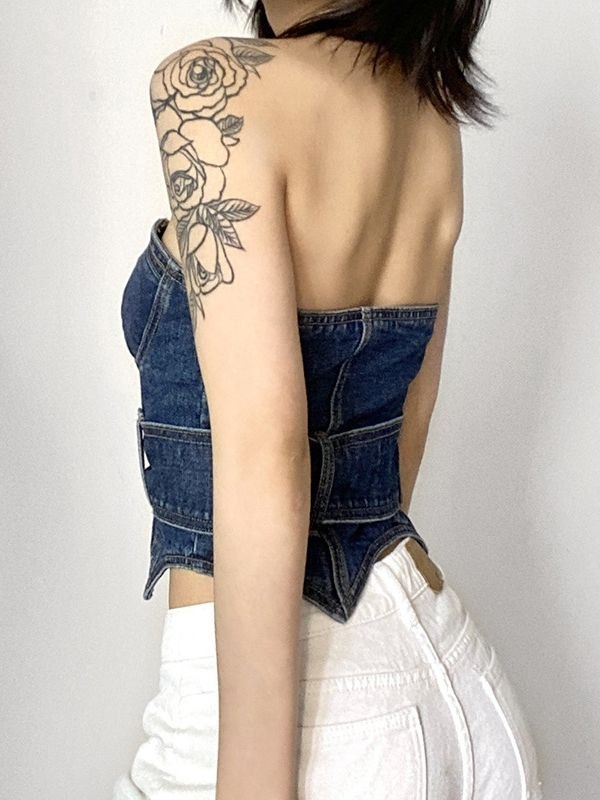 Emmiol Free shipping 2025 Buckle Belted Denim Bandeau Top Blue S in ...