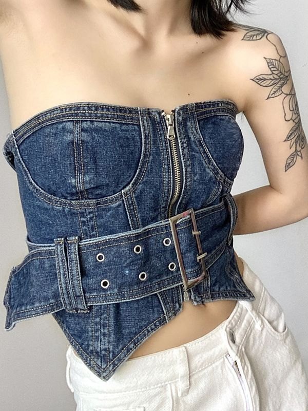 Emmiol Free shipping 2025 Buckle Belted Denim Bandeau Top Blue S in ...