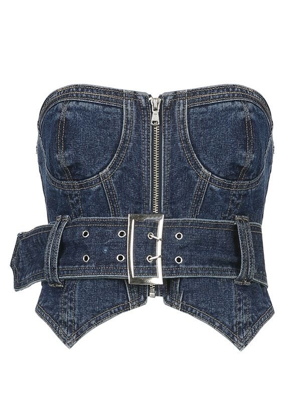 Emmiol Free shipping 2023 Buckle Belted Denim Bandeau Top Blue S in ...
