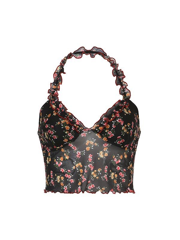 Emmiol Free shipping 2026 Mesh Floral Halter Crop Tank Top Black S in ...