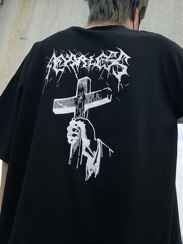 Emmiol Free shipping 2025 Men's Gothic Punk Cross Graphic Tee Black M ...