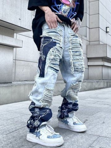 2022 Men's Gothic Letter Flare Leg Ripped Jeans Black M In Loose Jeans ...