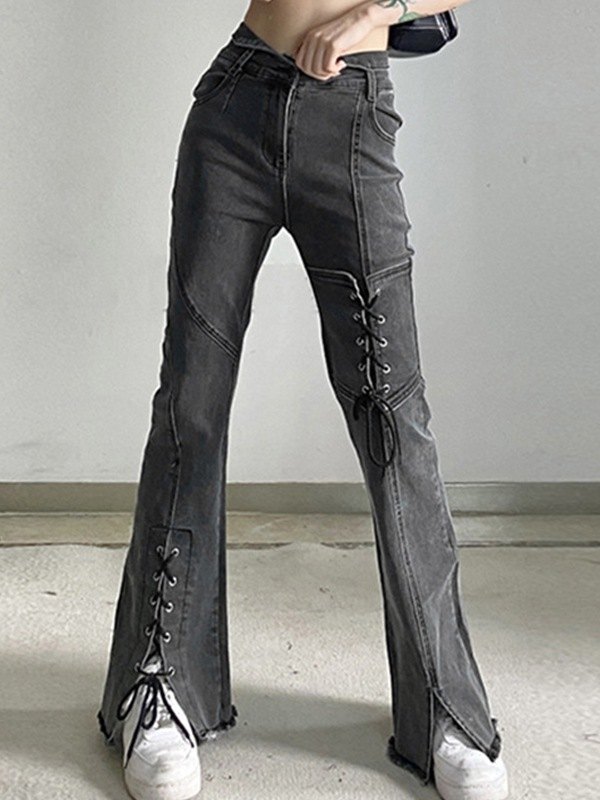 Emmiol Free shipping 2026 Lace Up Split Flare Jeans Black S in Flare ...