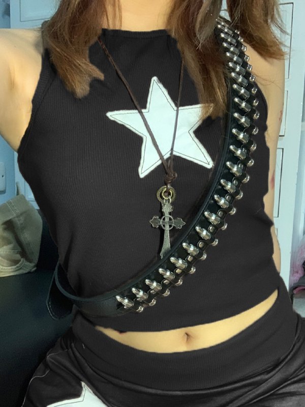 2022 Star Embroidered Rib Cropped Tank Top Black M In Tank Tops & Camis ...