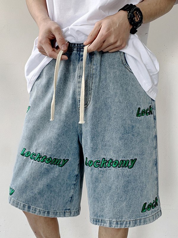 Emmiol Free shipping 2025 Men's Washed Letter Embroidery Denim Shorts ...