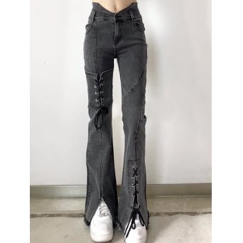 Emmiol Free shipping 2026 Lace Up Split Flare Jeans Black S in Flare ...