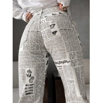 Emmiol Free shipping 2025 Newspaper Print Washed Boyfriend Jeans White ...