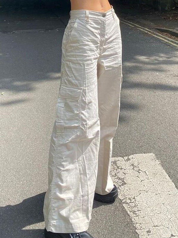 Emmiol Free shipping 2025 White Cargo Pocket Straight Leg Pants White S ...