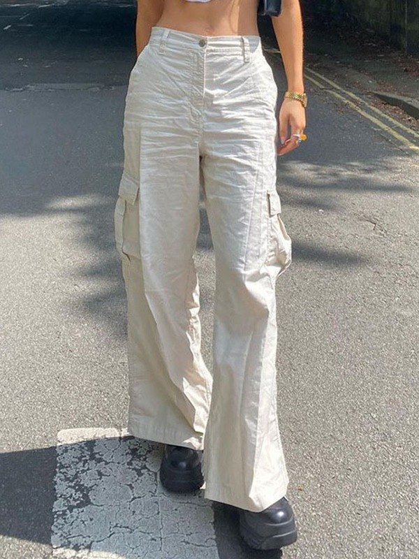 Emmiol Free shipping 2025 White Cargo Pocket Straight Leg Pants White S ...