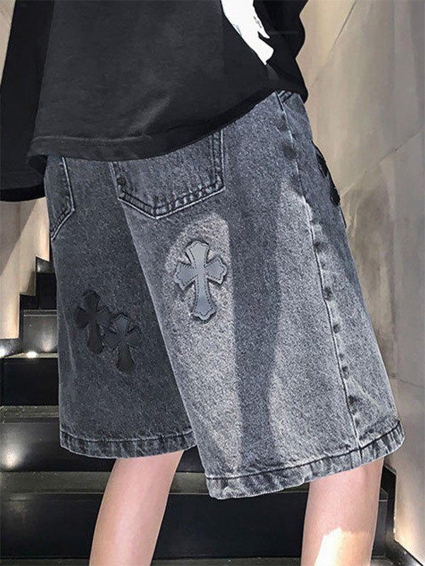 Emmiol Free shipping 2025 Men's Cross Patch Denim Shorts Black M in ...