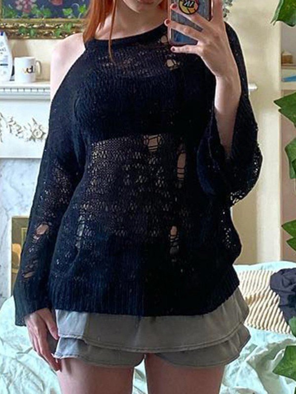 Emmiol Free shipping 2023 Cold Shoulder Distressed Crochet Long Sleeve ...
