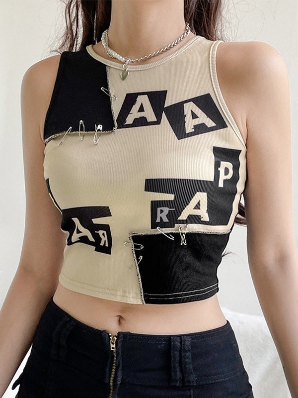 2022 Vintage Contrast Patchwork Cropped Tank Top Beige S In Tank Tops ...
