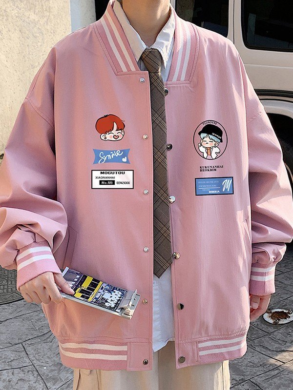 Emmiol Free shipping 2025 Men's Cartoon Graphic Varsity Jacket Pink M ...