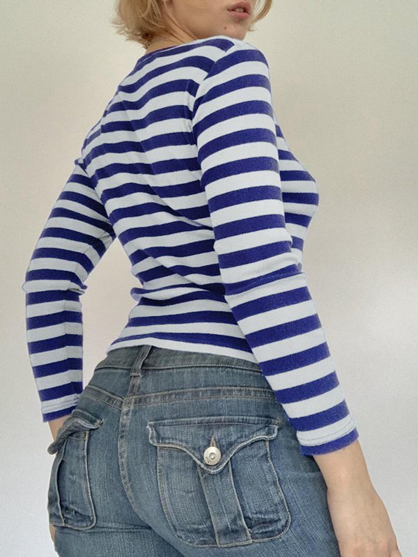 Emmiol Free Shipping 2023 Striped V Neck Long Sleeve Tee Sky Blue S In