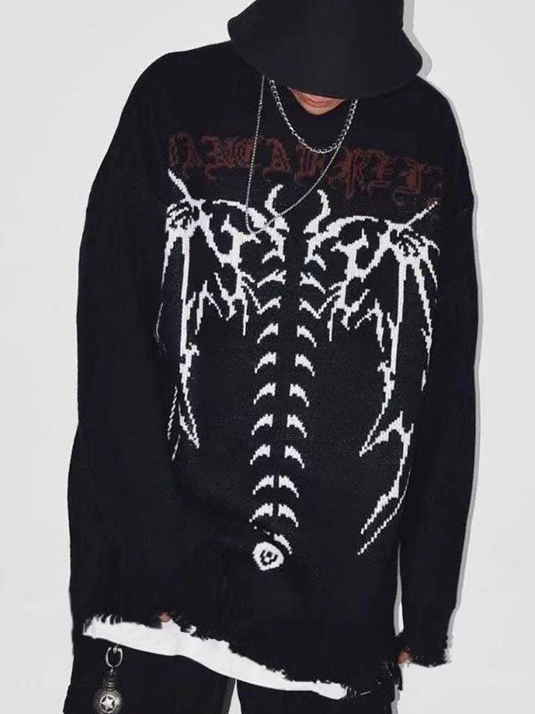 2022 Men's Long Sleeve Jacquard Distressed Sweater Black M In Sweaters ...