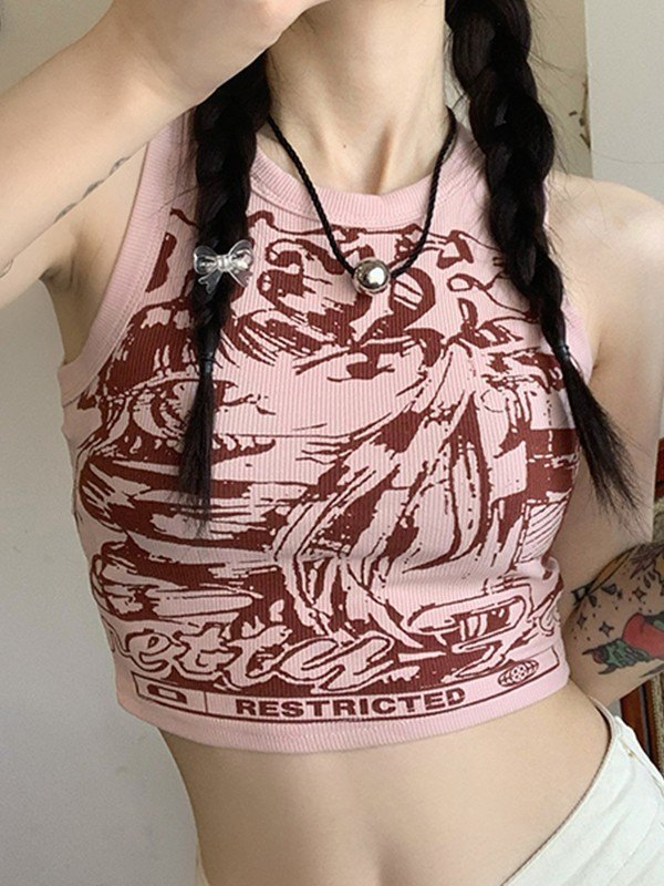 Emmiol Free shipping 2023 Anime Print Cropped Tank Top Pink ONE SIZE in ...