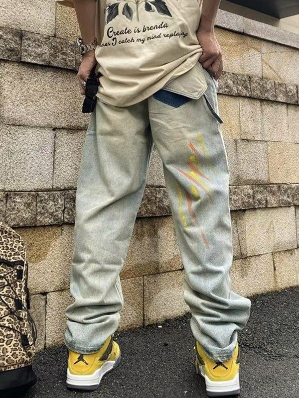 Emmiol Free shipping 2025 Men's Light Wash Splash Print Loose Jeans ...