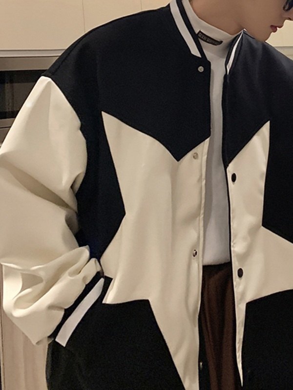 Emmiol Free shipping 2026 Men's Pu Leather Paneled Star Varsity Jacket ...